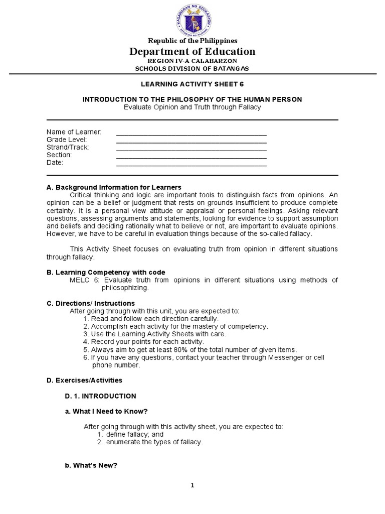 MELC 6 Introduction To Philosophy of The Human Person Activity Sheet 1 1 | PDF | Argument | Fallacy