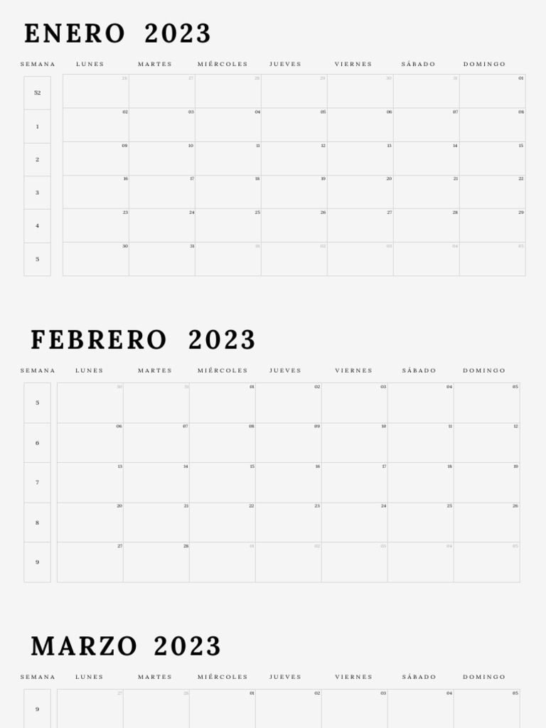 Calendario 2023 Enero A Diciembre Con Semanas Minimalista Imprimible | PDF