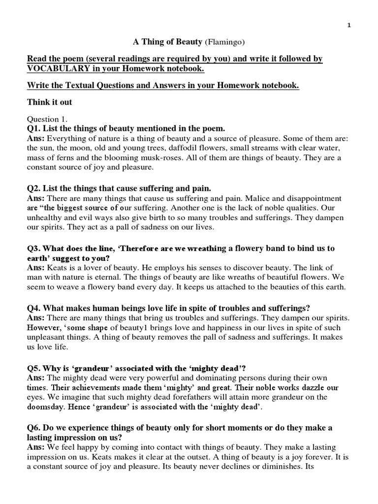 A Thing of Beauty Questions and Answers | PDF | John Keats | Pleasure