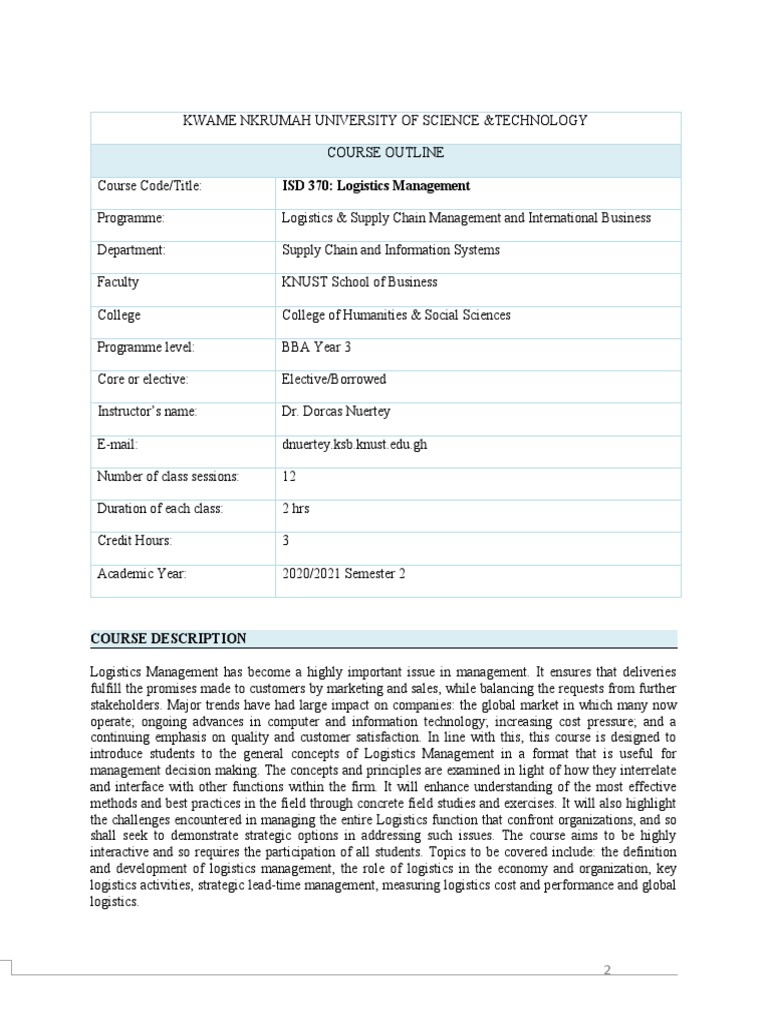 Course Ouline | PDF | Logistics | Supply Chain Management Course Ouline | PDF | Logistics | Supply Chain Management