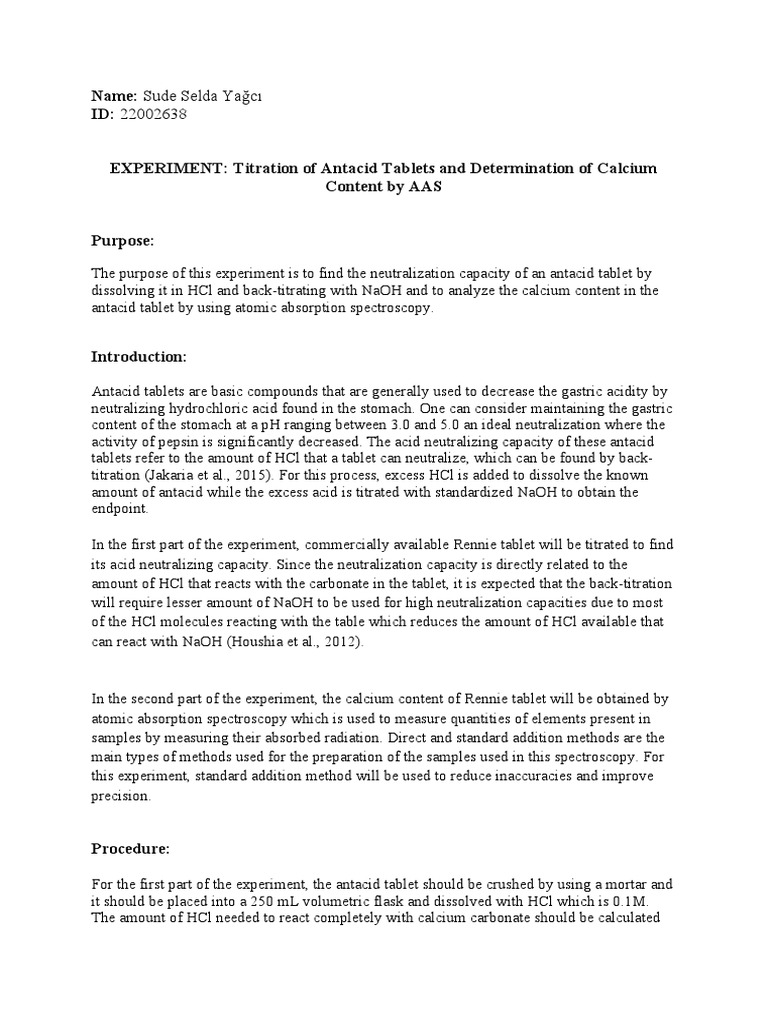 Antacid Tablet Analysis by Titration and AAS | PDF | Mole (Unit ...