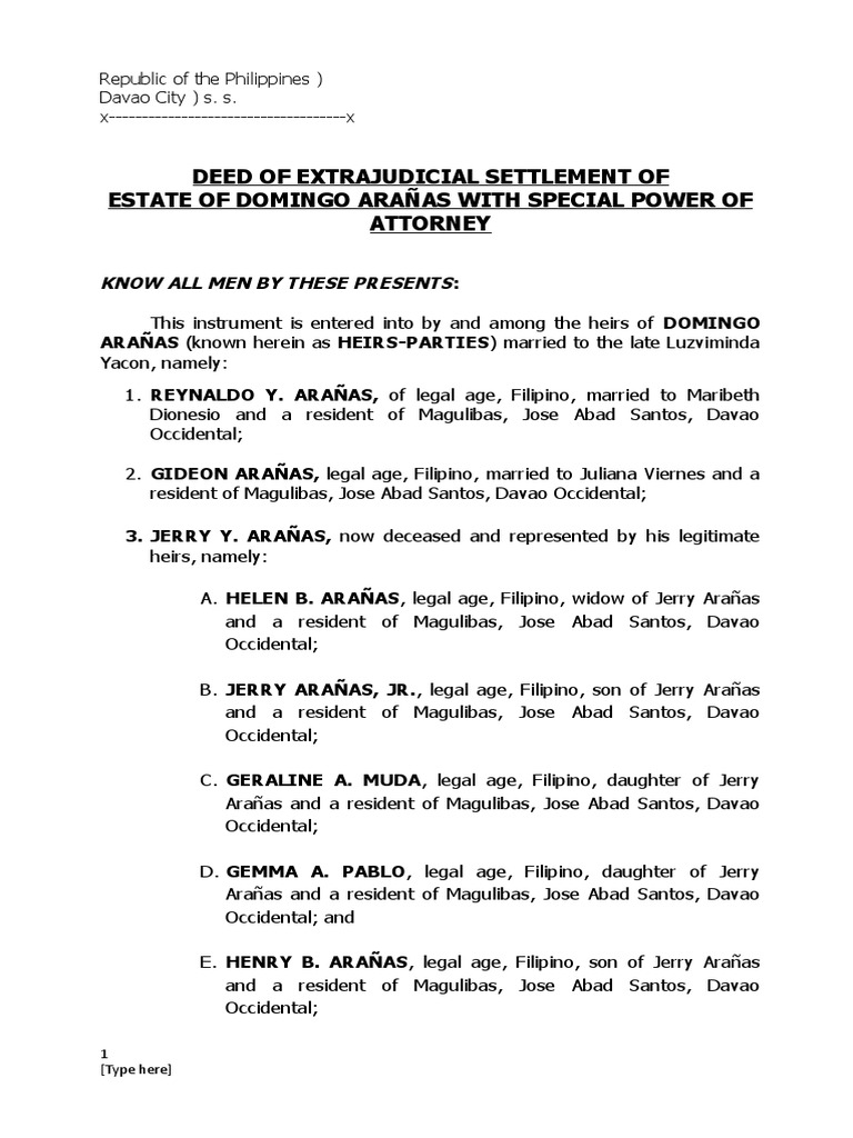 Extra Judicial Settlement of Estate With Special Power of Attorney | PDF