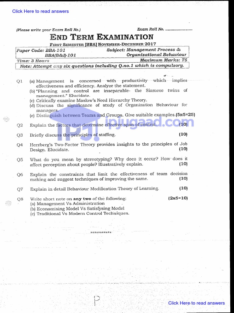 Ipjugaad - Bba 1st Sem Management Process Organizational Behaviour Paper 2017 | PDF