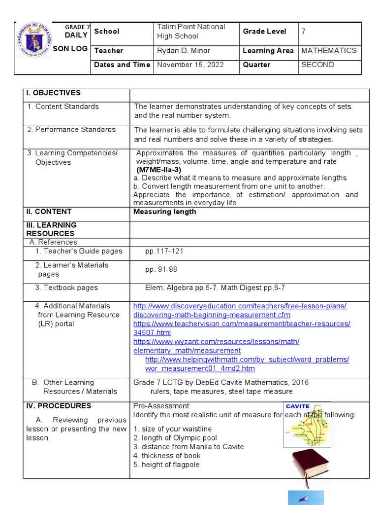 Daily Lesson Log School Grade Level Teacher Learning Area MATHEMATICS ...