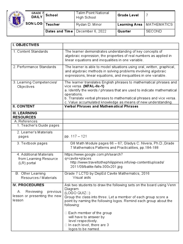 Daily Lesson Log School Grade Level Teacher Learning Area MATHEMATICS ...