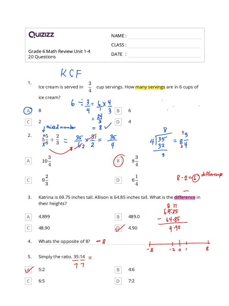 Grade 6 Math Review Unit 1-4 | PDF