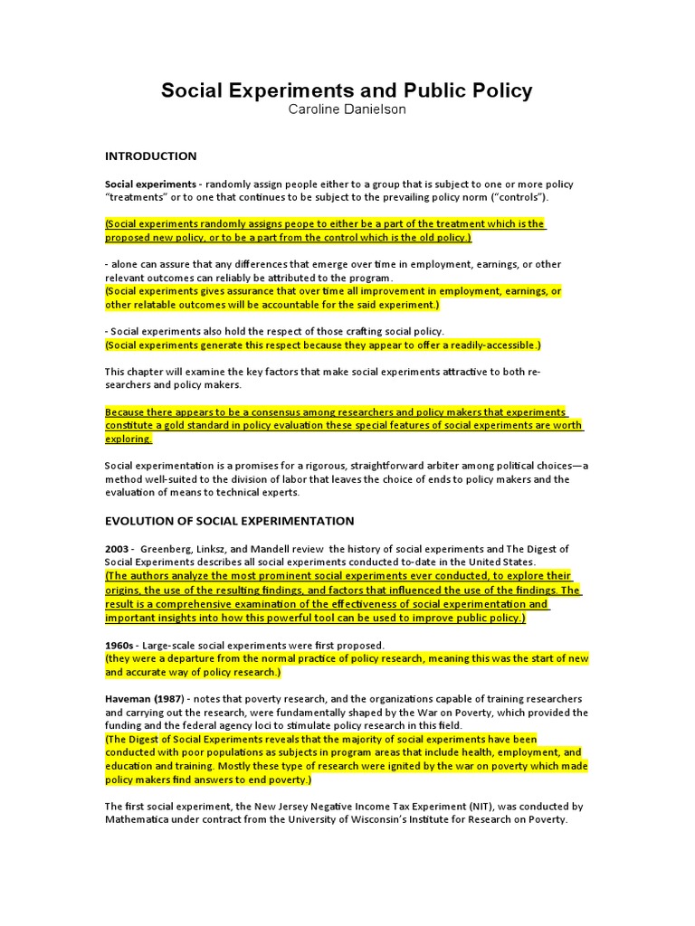 Social Experiments and Public Policy: Caroline Danielson | PDF