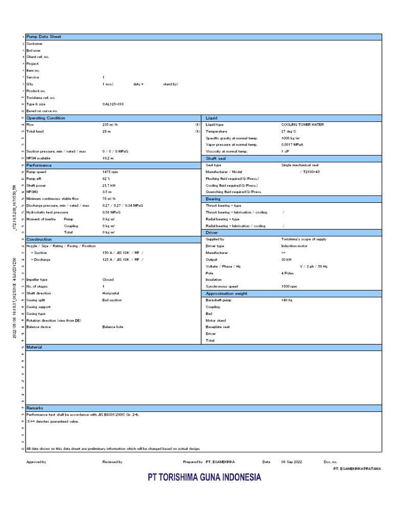 Torishima Pump Data Sheet 2022 | PDF | Pump | Applied And ...