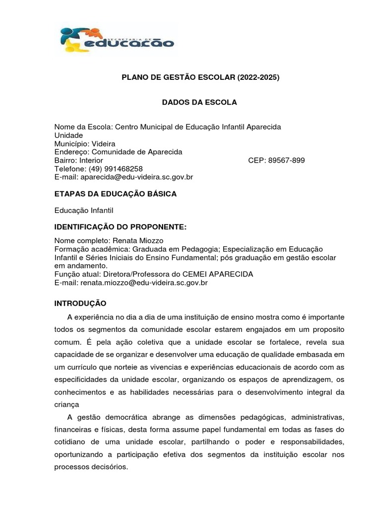 Plano de Gestao Escolar Cemei Aparecida Renata Miozzo | PDF | Pedagogia ... Plano de Gestao Escolar Cemei Aparecida Renata Miozzo | PDF | Pedagogia ...
