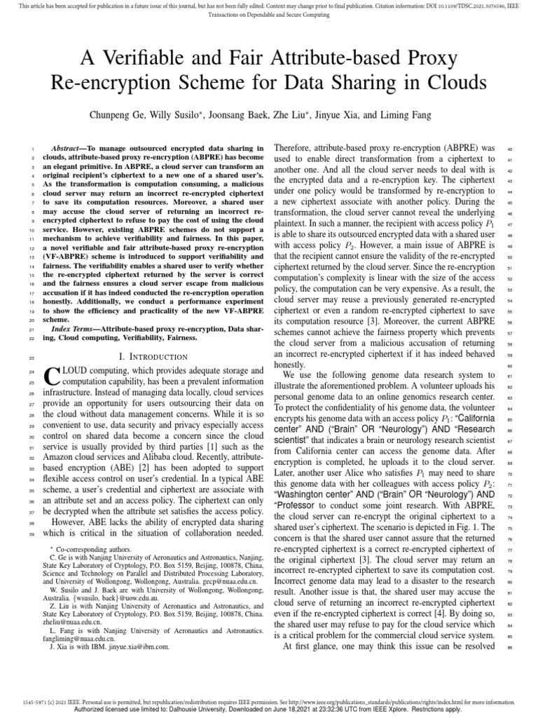 A Verifiable and Fair Attribute-Based Proxy Re-Encryption Scheme For Data Sharing in Clouds ...