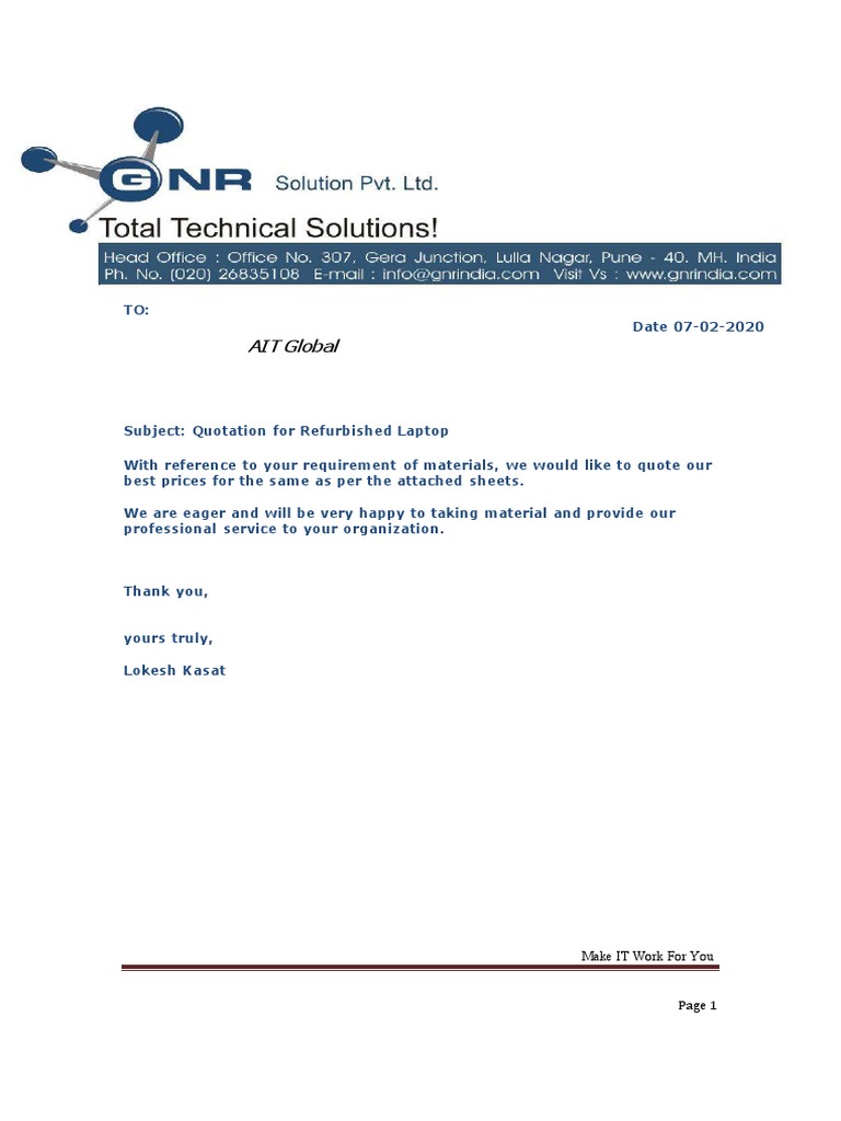 Quotation for Refurbished Laptop and HP Server | PDF
