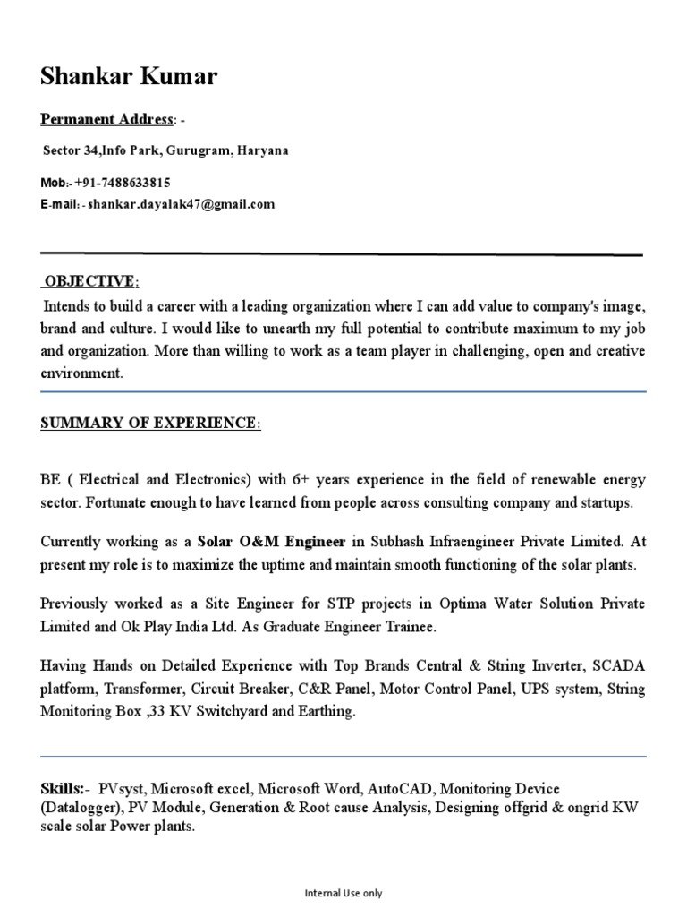 Shankar Resume | PDF | Solar Power | Solar Panel