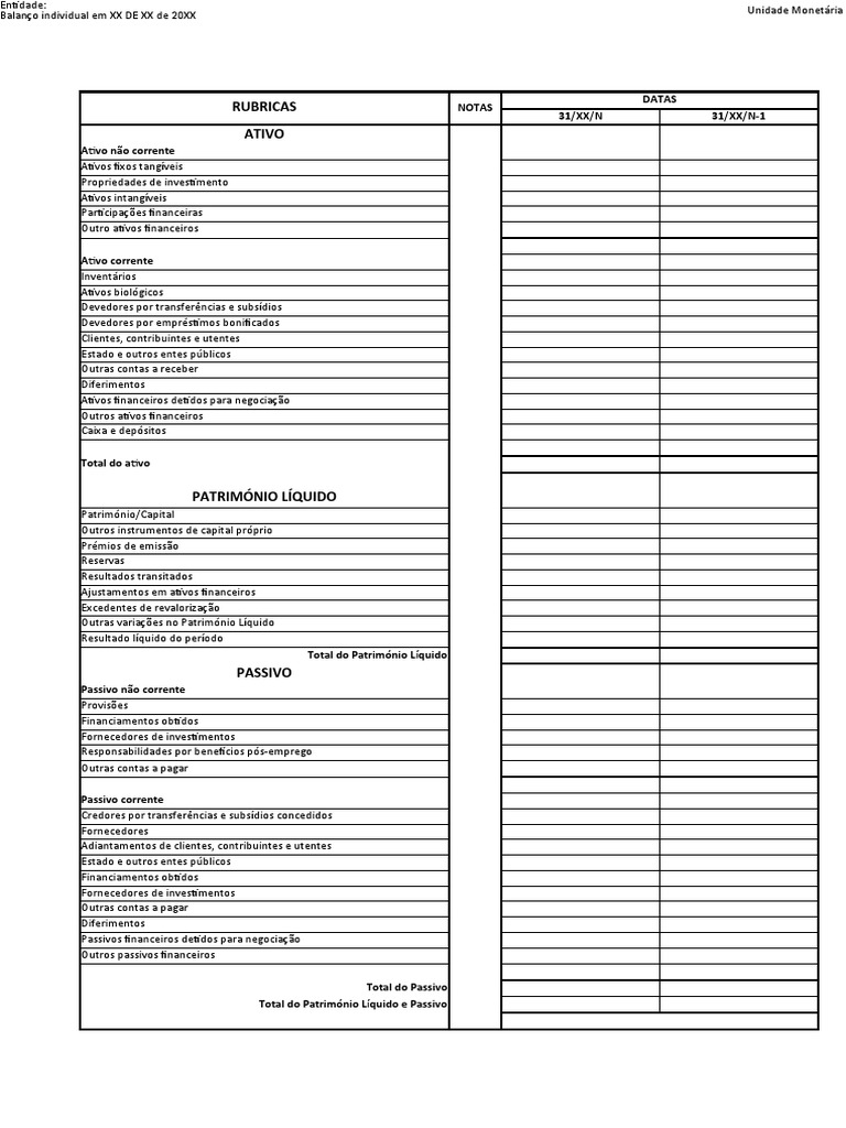 Cópia de Balanço Individual Modelo Geral SNC-AP | PDF | Capital próprio ...