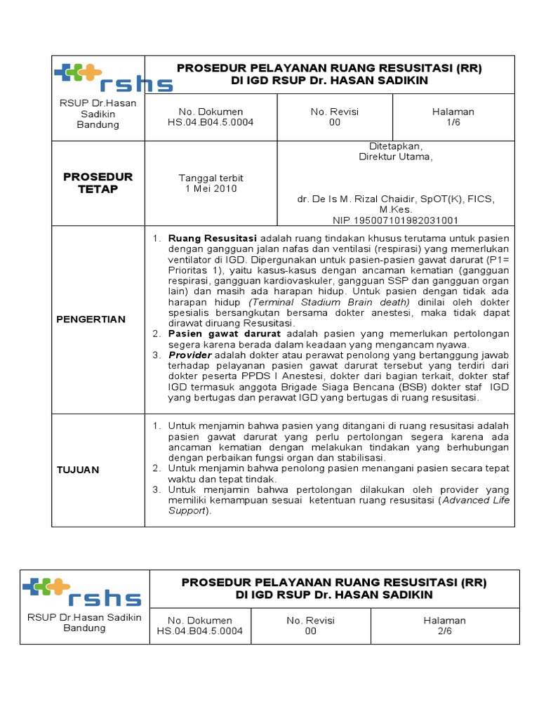 4 PROSEDUR Pelayanan Ruang Resusitasi IGD | PDF 4 PROSEDUR Pelayanan Ruang Resusitasi IGD | PDF