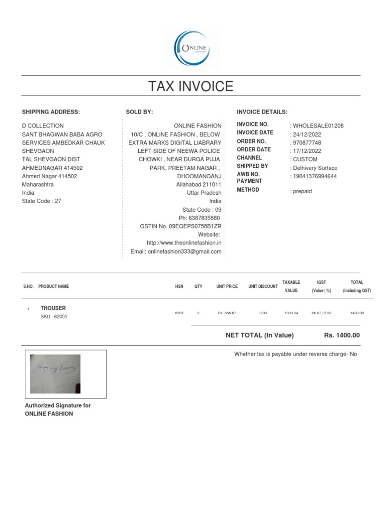 Tax Invoice: Shipping Address: Sold By: Invoice Details | PDF | Trade | Economies