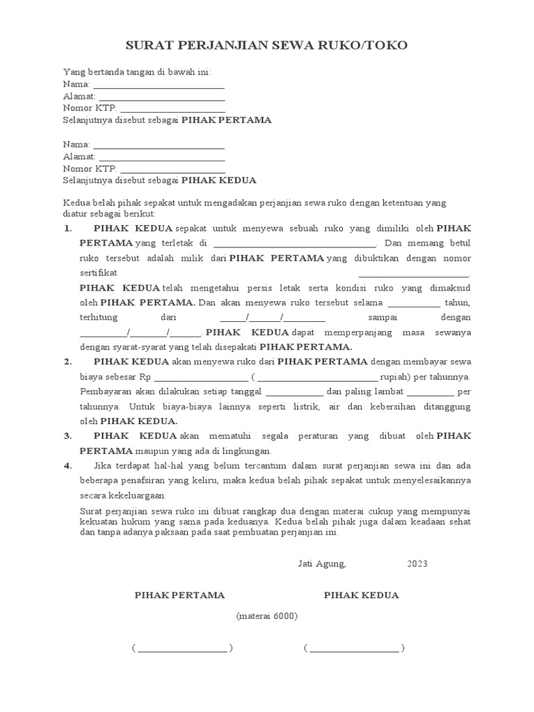 Contoh Surat Perjanjian Sewa Ruko Terbaru | PDF