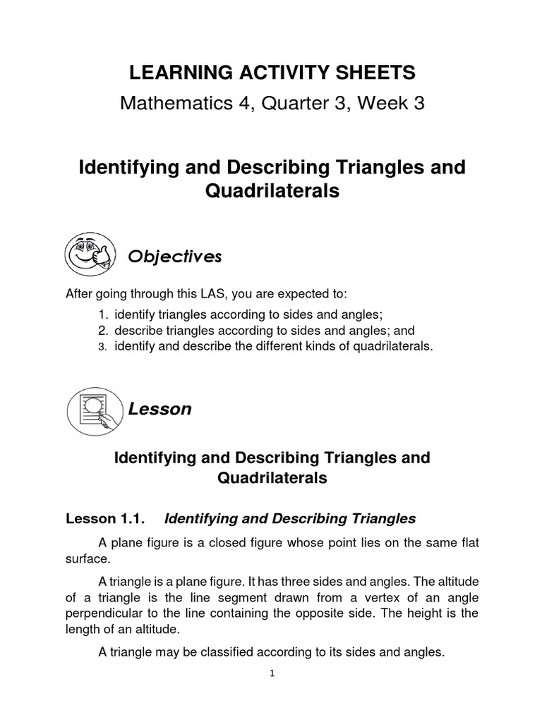 MATH4 - Q3 - M3 - Identifying and Describing Triangles and Quadrilaterals | PDF | Triangle ...