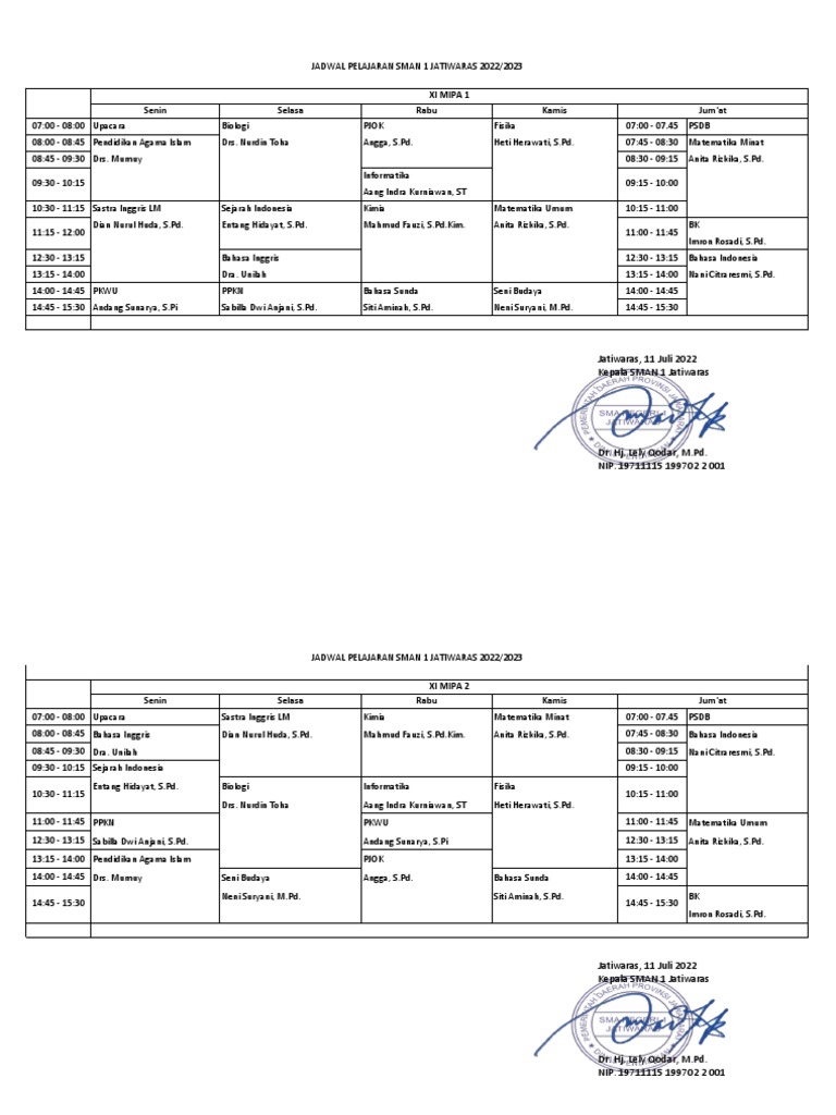 Jadwal Pelajaran Per Kelas - 2022-2023 - Cetak - Rev9 - Kelas | PDF