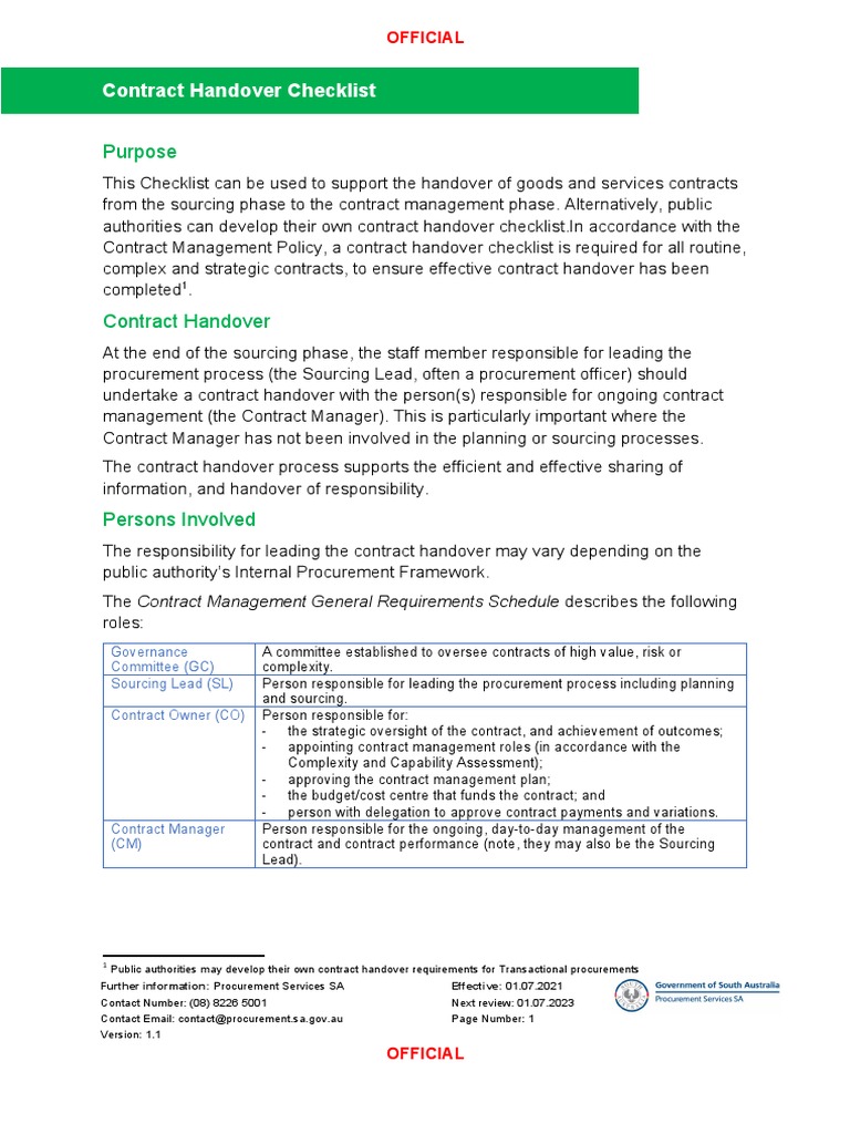 Contract Handover Checklist Guide | PDF | Procurement | Accountability