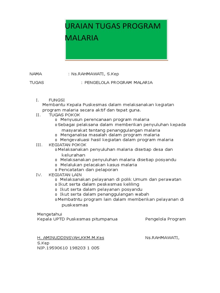 Tugas Dan Fungsi Pokok Program Malaria | PDF