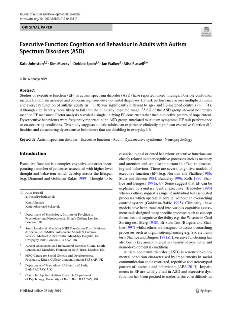 Executive Function Cognition and Behaviour in Adults With Spectrum ...