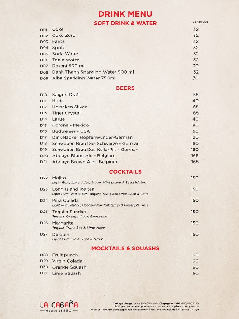 La Cabana - Drink Menu (English) | PDF