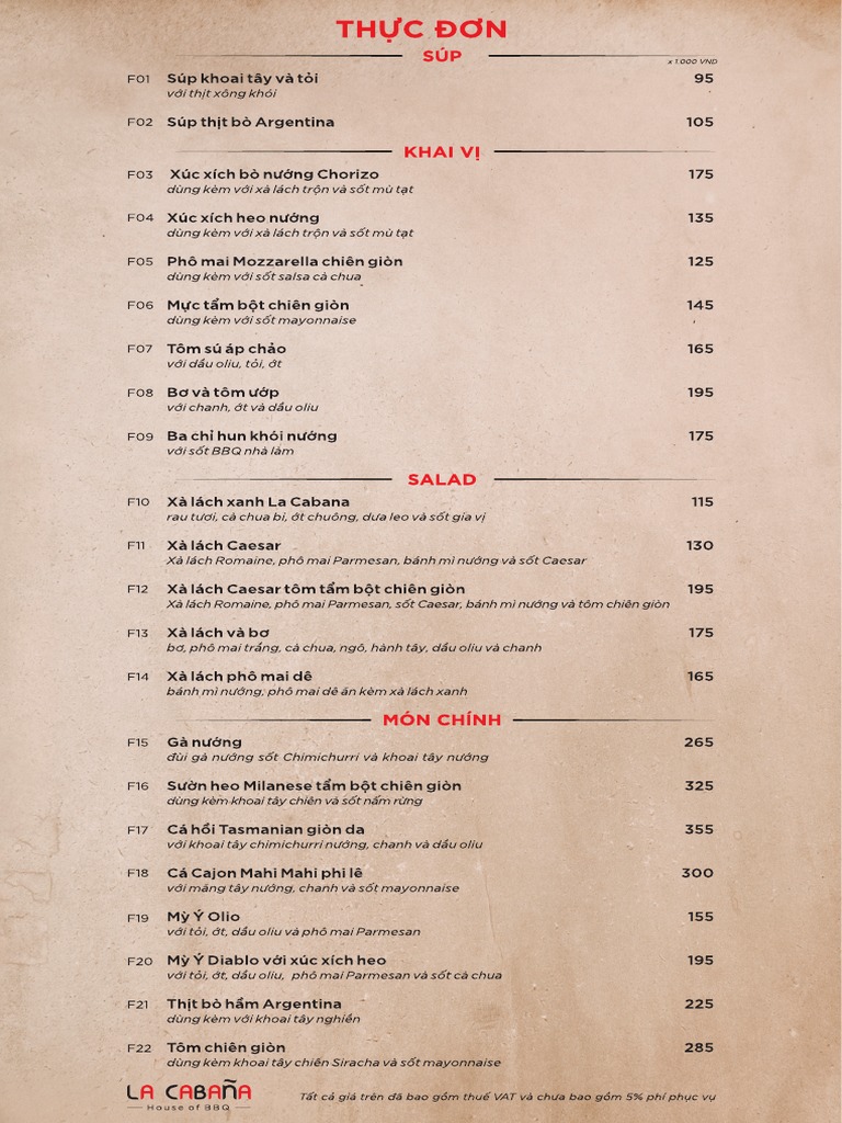 La Cabana - Food Menu (Vietnamese) | PDF