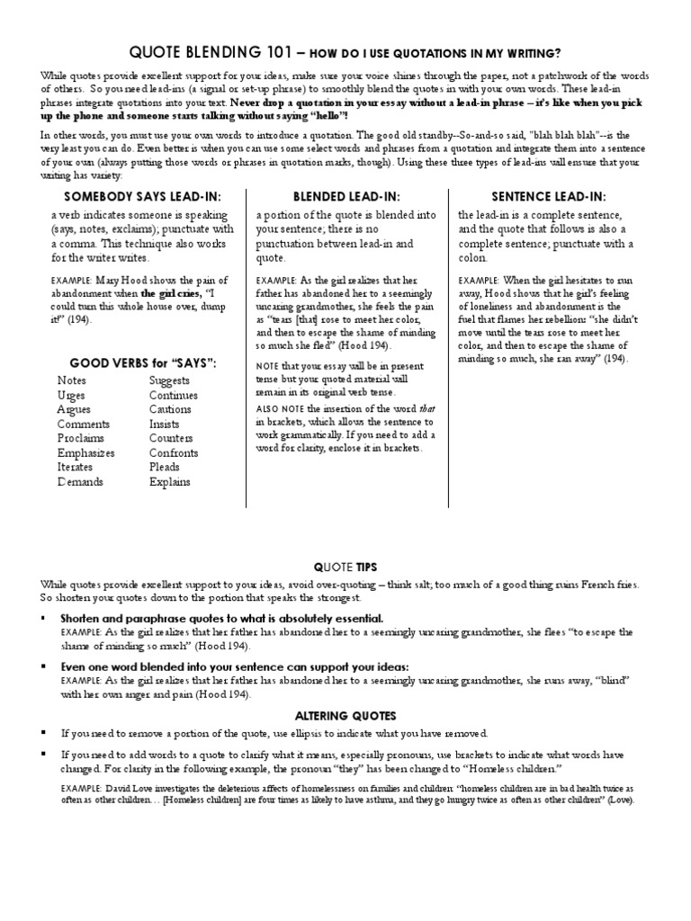 3 Quote Blending 101 Lead Ins and Citations | Download Free PDF ...