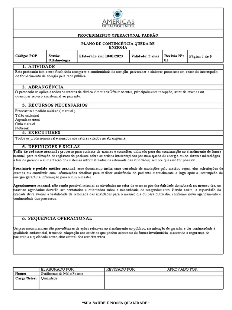 POP - Plano de Contigência - Luz | PDF