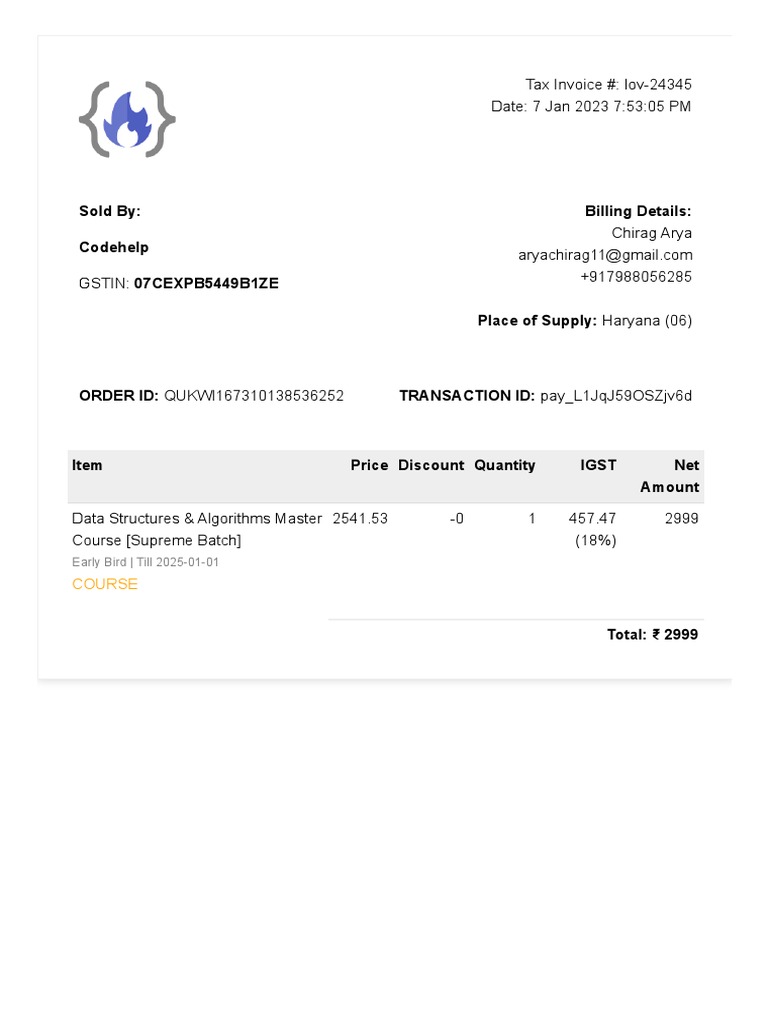 Tax Invoice for Data Structures and Algorithms Master Course | PDF