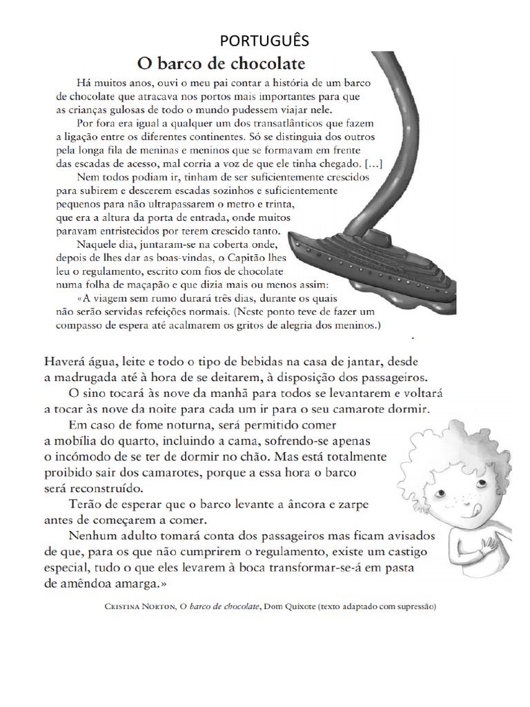 PORTUGUÊS - FICHA O Barco de Chocolate 1 | PDF