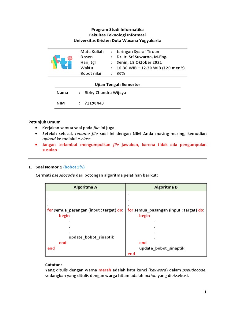 UTS Jaringan Syaraf Tiruan UKDW | PDF | Metode & Bahan Ajar | Sains & Matematika