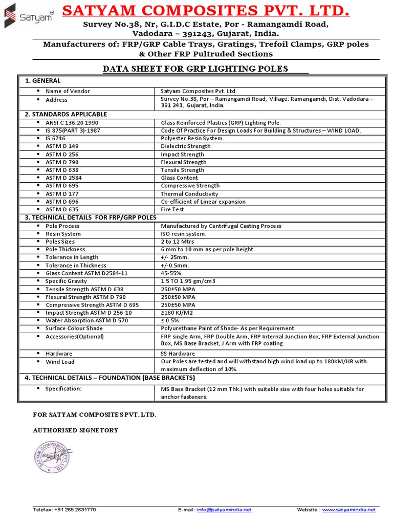 Data Sheet For FRP Poles - Satyam | PDF | Fibre Reinforced Plastic ...