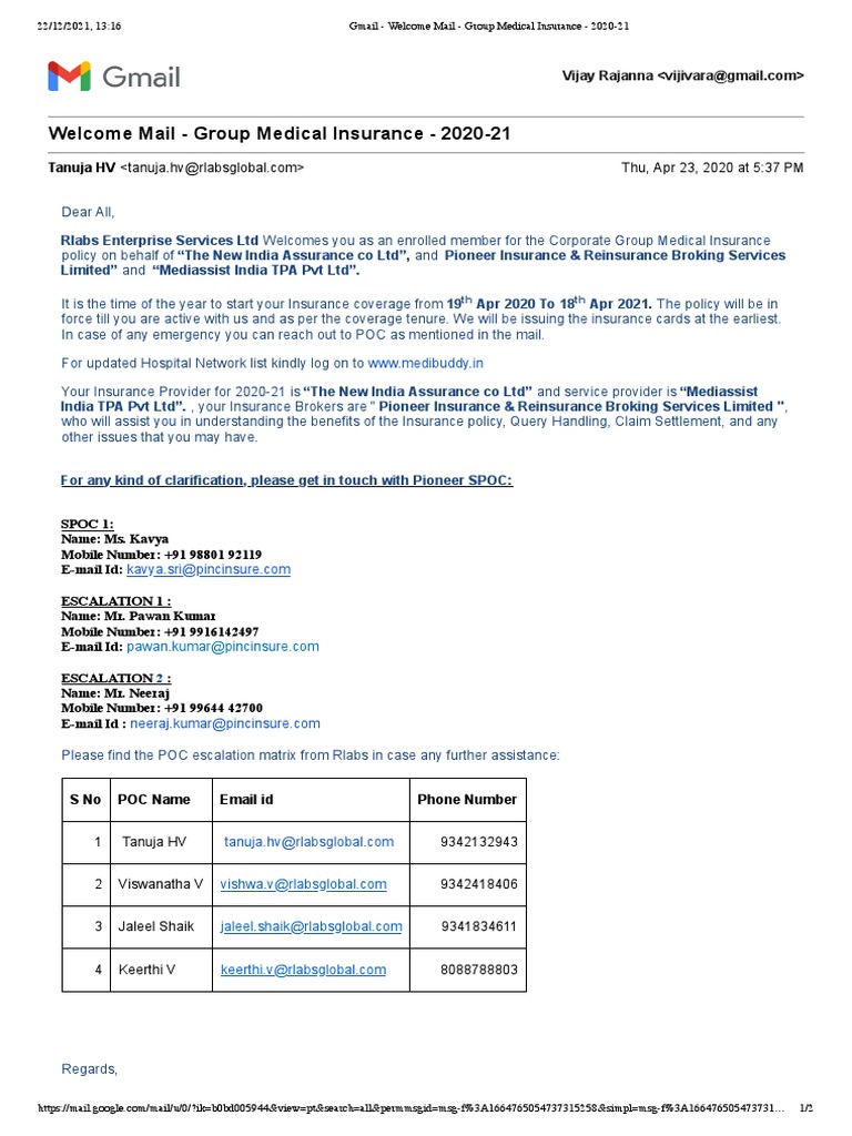 Group Medical Insurance - 2020-21 | PDF | Insurance | Gmail