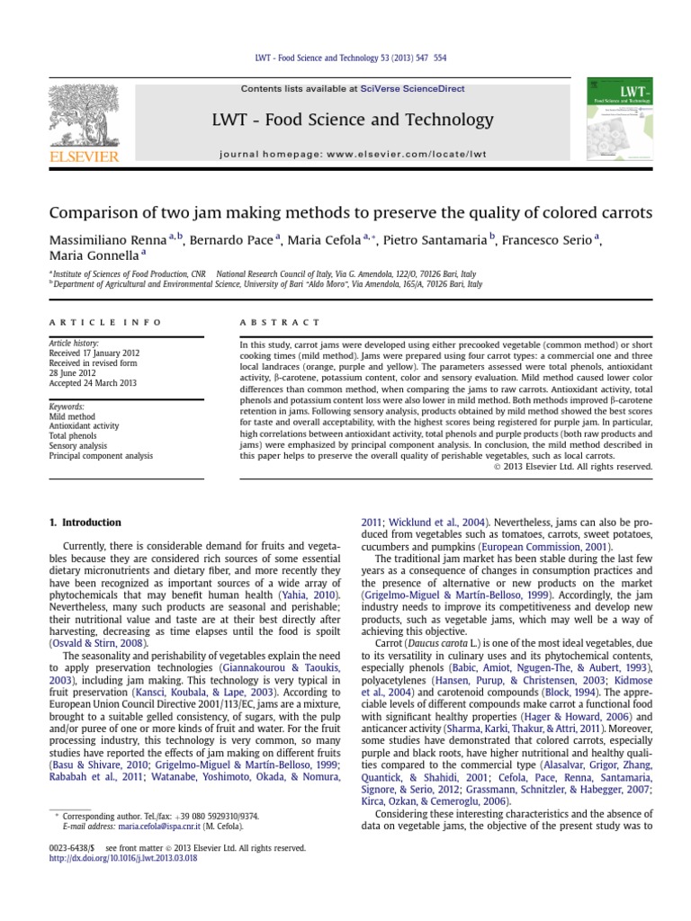 Renna2013 Carrot Jam Method | PDF | Fruit Preserves | Gas Chromatography
