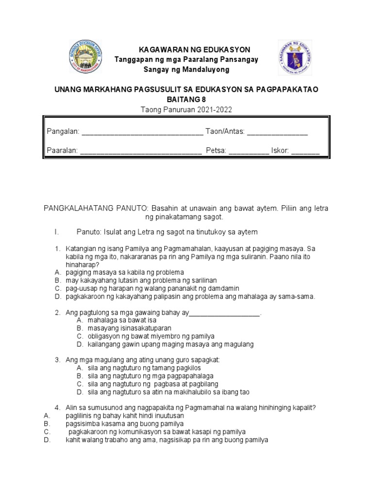 Periodical Exam For Esp First Quarter | PDF