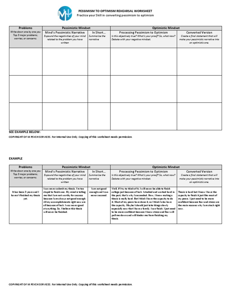 PESSIMISM - TO - OPTIMISM - REHEARSAL - WORKSHEET (Fillable) | PDF ...