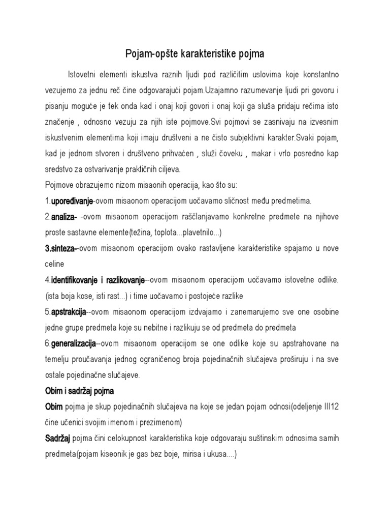 Logika-Opšte Karakteristike Pšojma, Odnosi Među Pojmovima, Definisanje ...