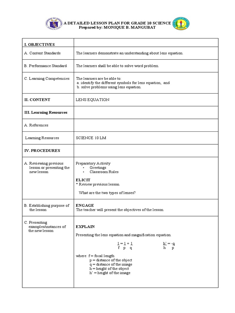 A Detailed Lesson Plan For Grade 10 Science | PDF | Optics | Vision