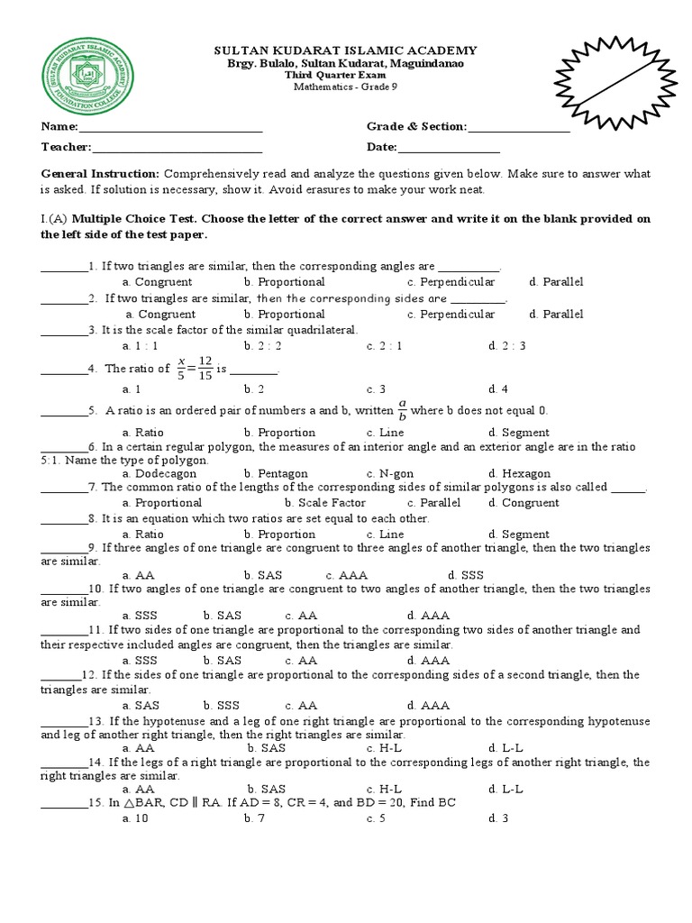 3RD QUARTER EXAM Grade 9 | PDF | Triangle | Geometry