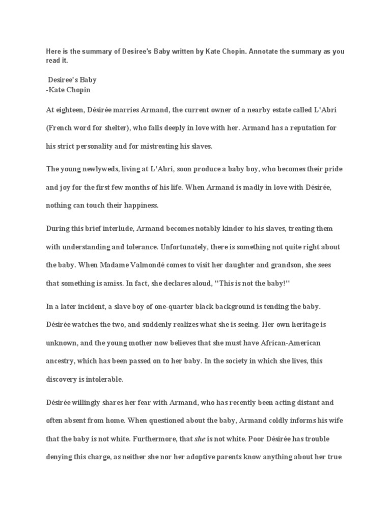 The Summary of Desiree's Baby | PDF