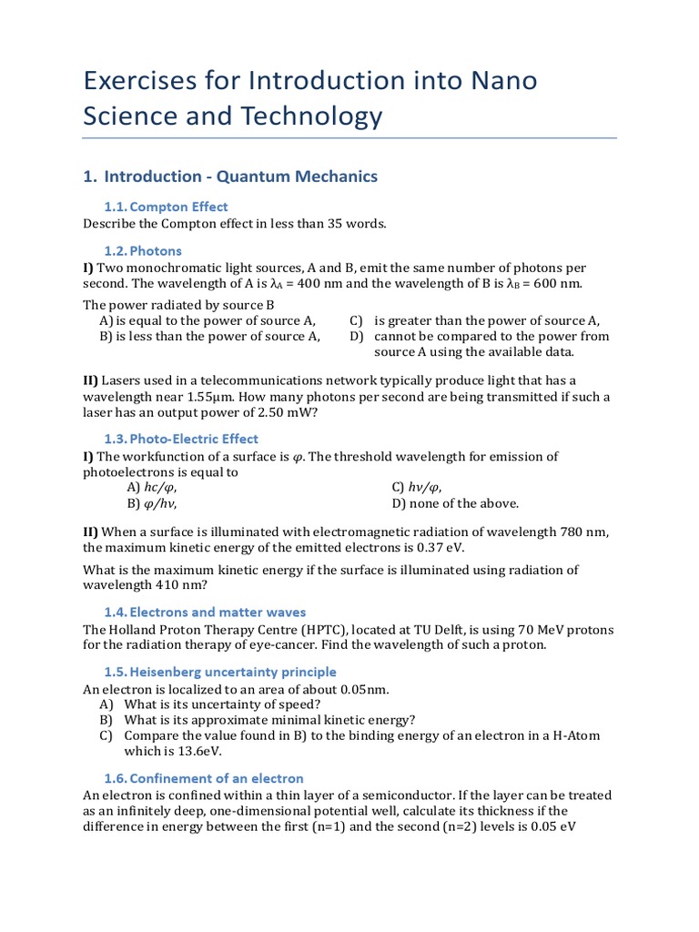 Exercises For Introduction Into Nano Science and Technology - Week2 | PDF