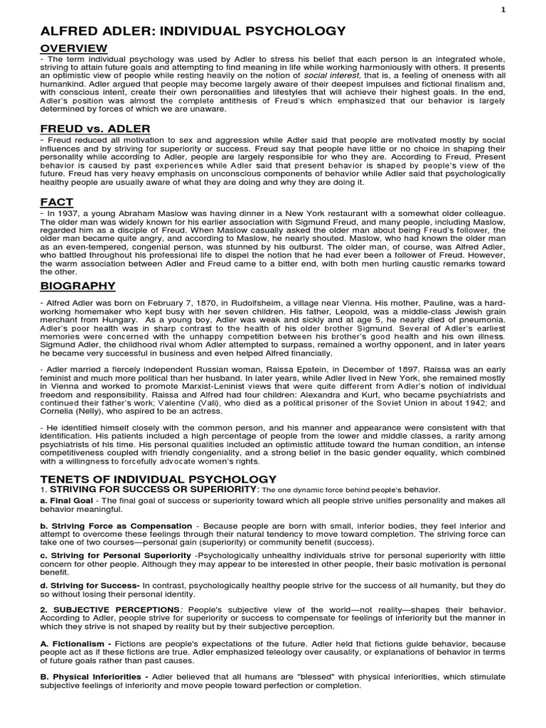Adler's Individual Psychology Overview | PDF | Sigmund Freud | Self Esteem