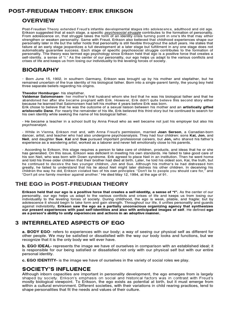 Lesson 5. Post Freudian Theory Erik Erikson PDF | PDF
