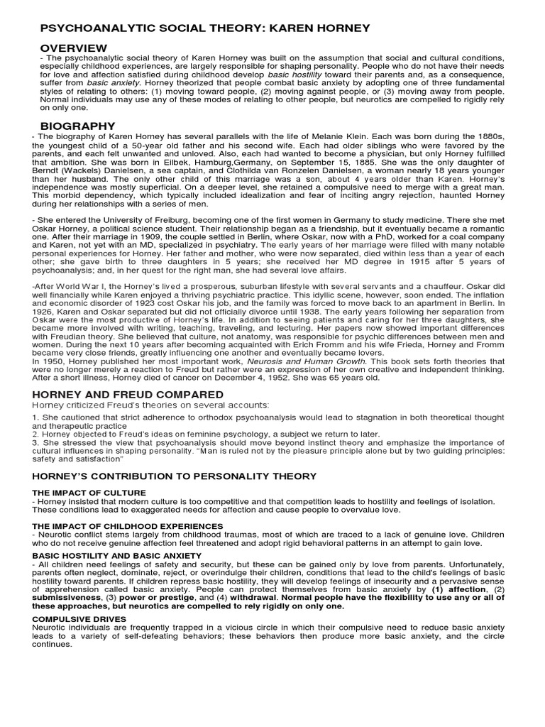 Lesson 6 Psychoanalytic Social Theory Karen Horney PDF | PDF | Sigmund Freud | Psychotherapy