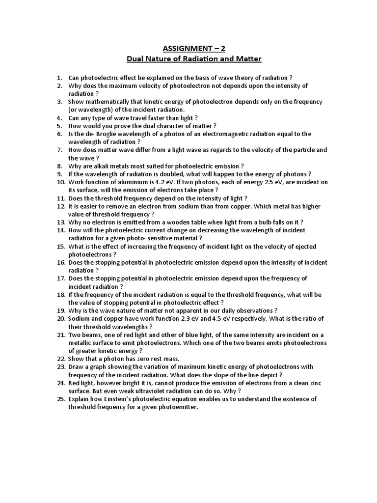 Dual Nature of Radiation 0 Matter Assignment-2 | PDF | Photoelectric ...