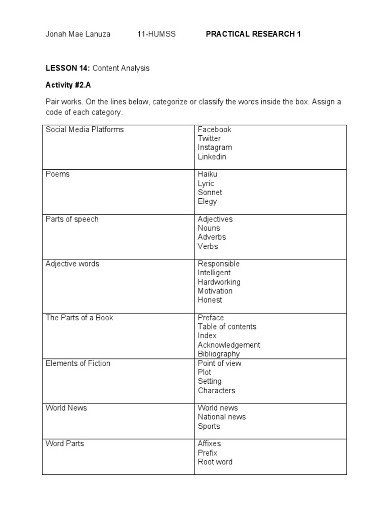 LESSON 14 Content Analysis PR1 | PDF | Word | Adjective