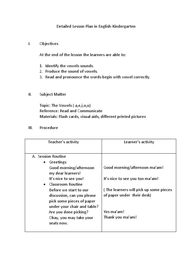 Vowel Sounds Lesson Plan for Kindergarten | PDF | Lesson Plan | Learning