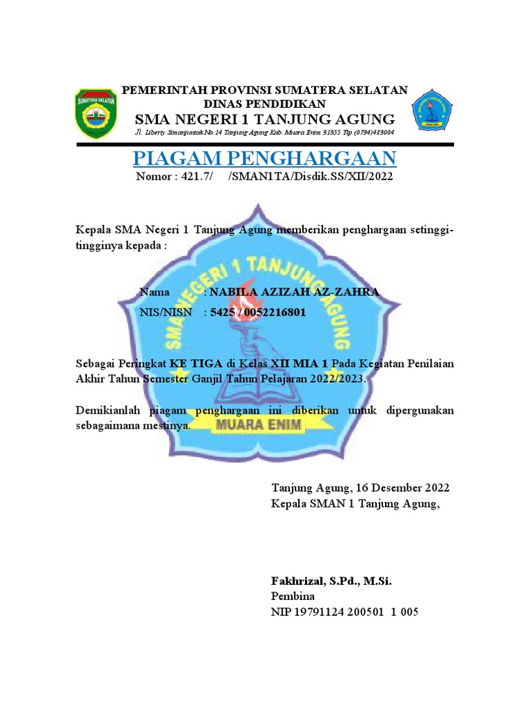 Piagam Penghargaan Peringkat Akademik SMAN 1 Tanjung Agung Tahun ...