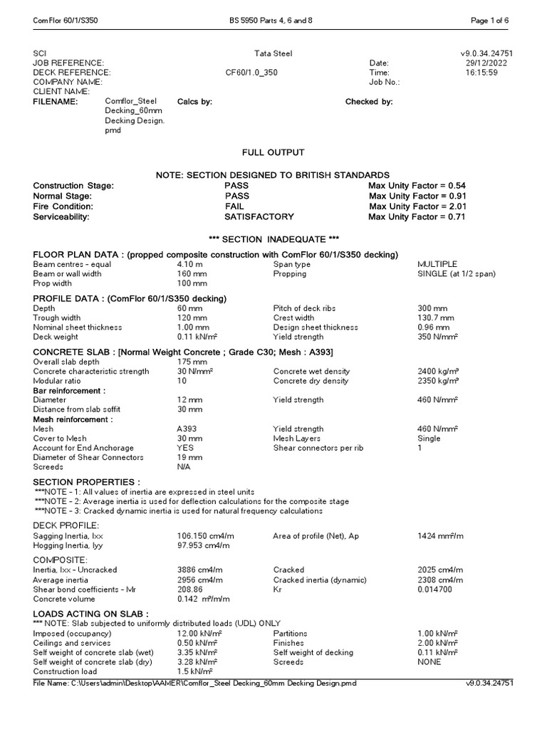 ComFlor 60/1/S350 Decking Analysis | PDF | Concrete | Building Engineering